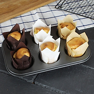 Aunifun 180 Pieces of Tulip Baking Paper Cups Cupcake Muffin Liners Pans Wrappers in 3 Colors, White, Natural, Brown