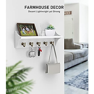 buways Key Holder for Wall-Farmhouse Key and Mail Holder for Wall with 5 Rustic Key Hooks,Wall Key Holder Rack with Shelf Décor for House Entryway（White