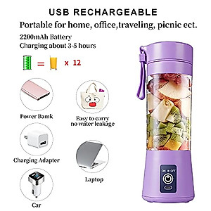 Portable Blender Cup,Electric USB Juicer Blender,Mini Blender Portable Blender For Shakes and Smoothies, Juice,380ml, Six Blades Great for Mixing,Light purple