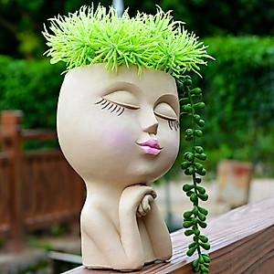 Face Planter Pot Head Planters, Lady Heads Flowerpot, Cute Girl Faces Plant Pot, Bust Statue Flower Pots, Round Women Succulent Pots for Indoor Outdoor Plants, Modern Vase with Drainage (7" Cream)