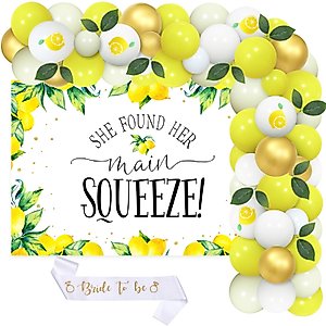 Lemon Bridal Shower Decorations, Yellow and White Balloons Garland Kit She Found Her Main Squeeze Backdrop Bride To Be Sash Artificial Tree Leaves for Lemon Wedding Engagement
