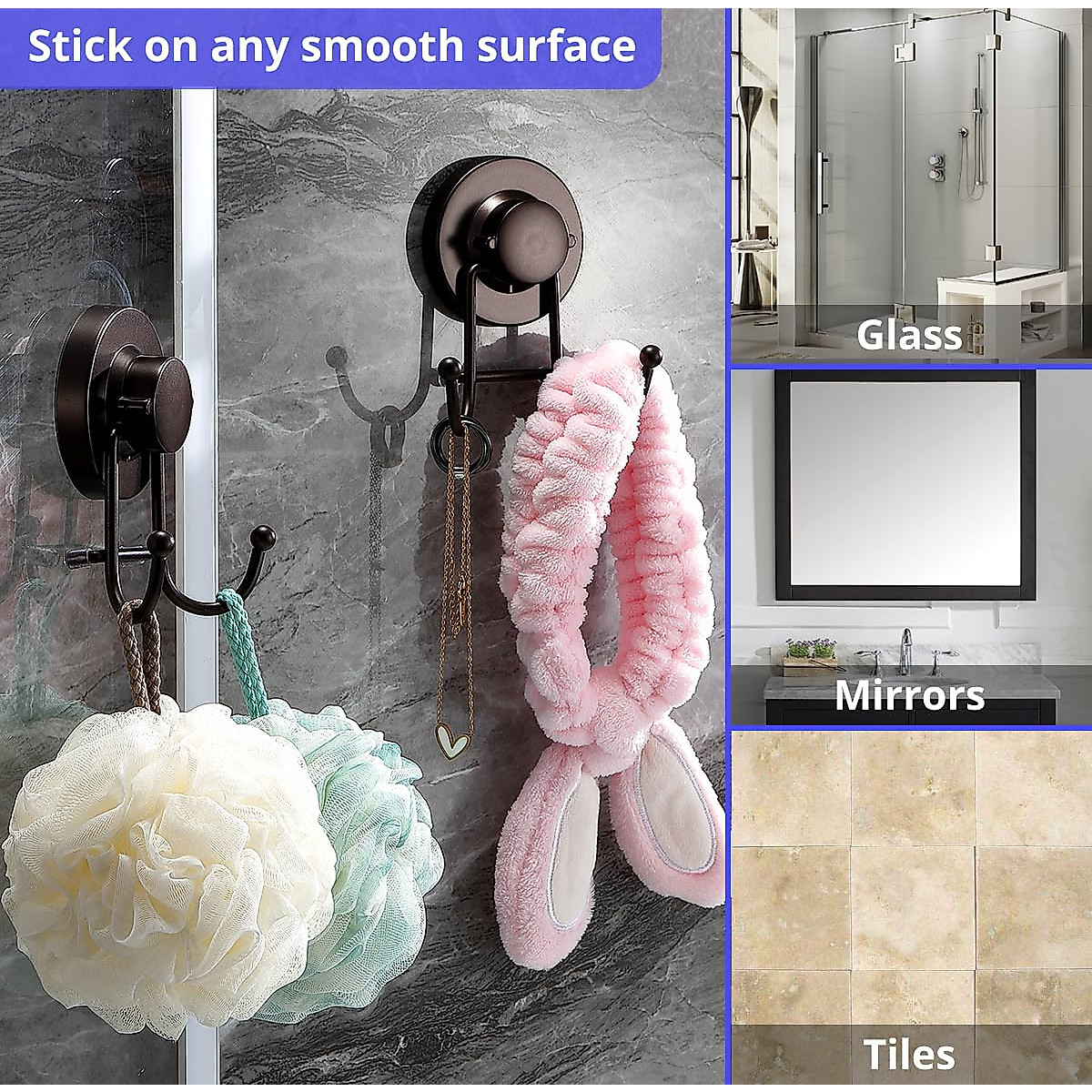 HOME SO Suction Cup Hooks for Shower, Bathroom, Kitchen, Glass Door, Mirror, Tile – Loofah, Towel, Coat, Bath Robe Hook Holder for Hanging up to 15 lbs – Rustproof Bronze Stainless Steel (2-Pack)