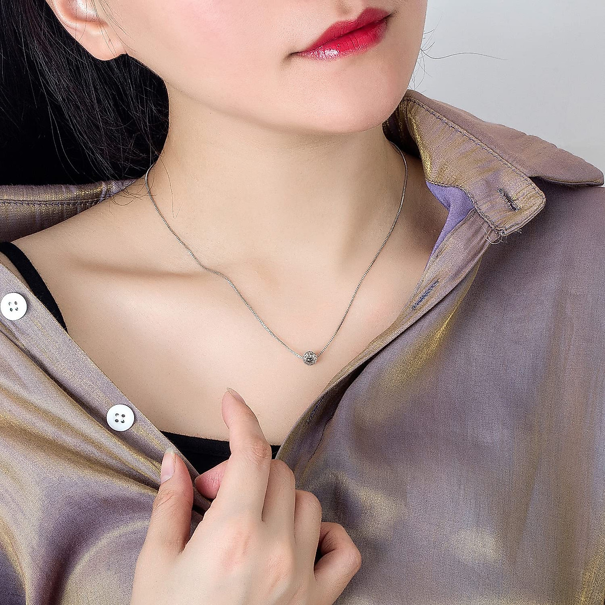 H&Beautimer 925 Sterling Silver Italian Handmade Box Chain Necklace for Women - Minimalist Ball Pendant Necklace 18'' - Charm Jewelry-Birthday Gift (Hollow Style)