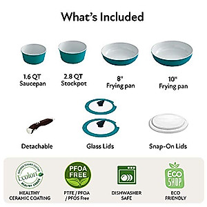 Neoflam Midas PLUS 9pc Nonstick Cast Aluminum Cookware Set, PFOA Free Kitchenware with Saucepan,Frying Pan,Stove|Oven Pot, Tempered Glass Lid and Smart Detachable Handle,Oven Safe,Space-Saving,Emerald