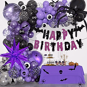 162Pcs Halloween Balloons Arch Garland Kit, Birthday Supplies Purple Black Silver 4D Balloon Spiders Web Bats Happy Birthday Banner for Gothic Halloween Birthday Party Decorations