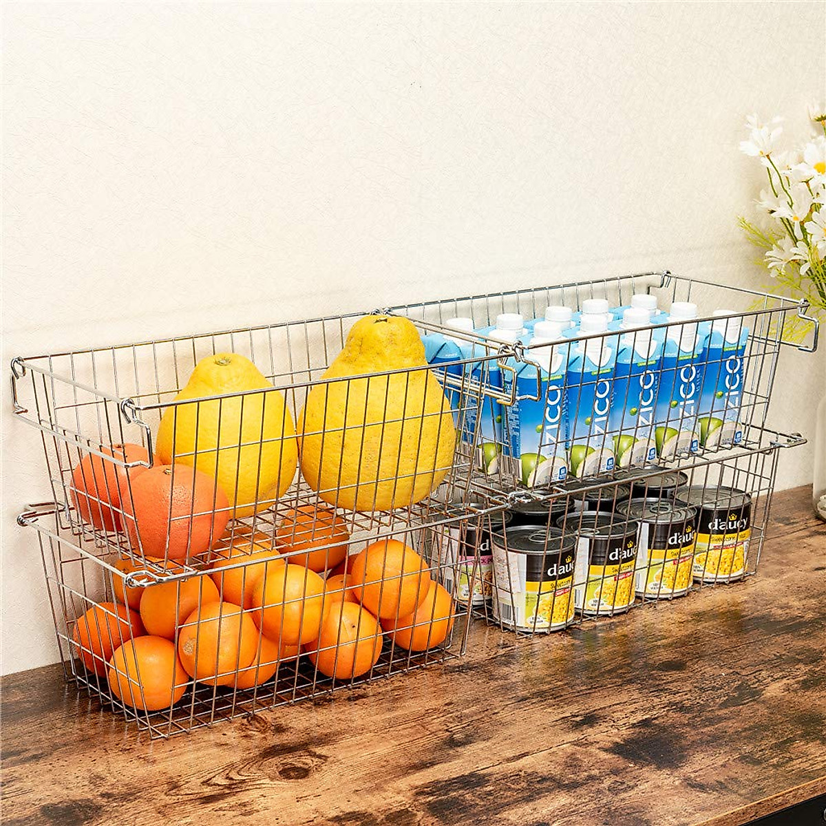 SANNO Stackable Chest Freezer Baskets Organizer Bins, Stackable Wire Baskets For Pantry Storage and Organization With Sturdy Metal Food Baskets Pantry Organized,set of 3