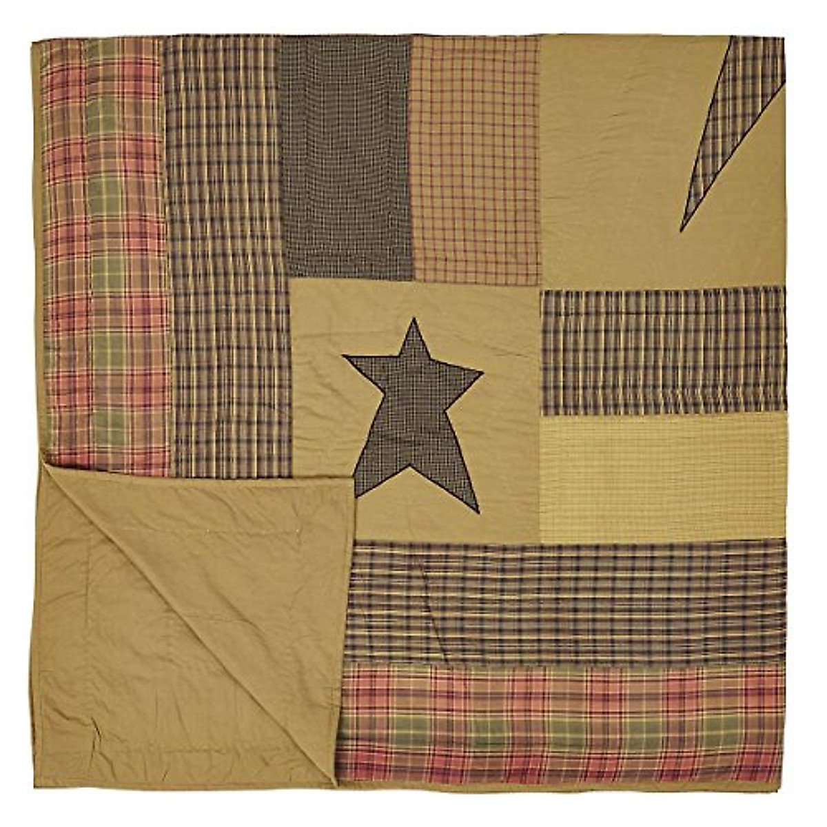 VHC Brands Stratton California King Quilt 130Wx115L Primitive Country Patchwork Design, Tan and Red-Orange