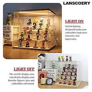 LANSCOERY Acrylic Display Case with LED Light, Clear 5 Tier Organization, Dustproof Wooden Display Box, Exclusive Showcase for Collectibles, Mini Figures and Funko Pop, 11.8x11x11.8inch