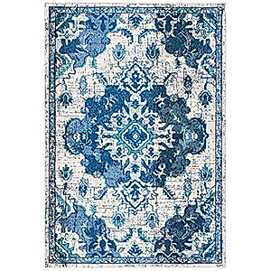 Safavieh Madison Collection 3' x 5' IvoryBlue MAD484A Boho Chic Medallion Distressed Non-Shedding Living Room Bedroom Entryway Accent Rug
