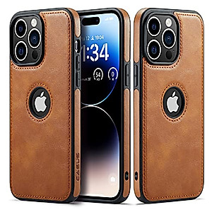 Casus Designed for iPhone 14 Pro Case Vegan Leather Slim Logo View Classic Luxury Elegant Thin Protective Cover (2022) 6.1" (Brown)