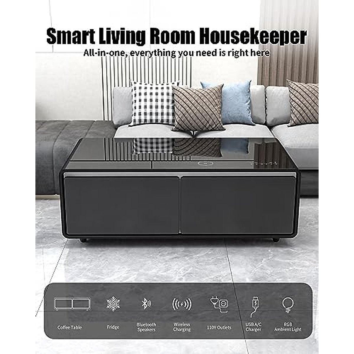 LIVTAB Smart Coffee Table, 27.8" D x 51" W x 18.1" H, Living Room Table with Built in Fridge and Speakers, Smart Table with 15W Wireless Charging, USB Chargers and 110V Outlets (Black)