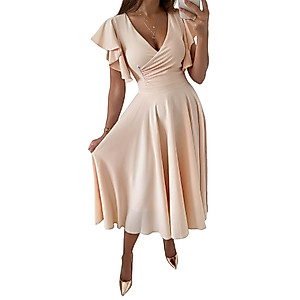 LYANER Women's Deep V Neck Ruffle Short Sleeve Wrap Swing A Line Flared Cocktail Party Midi Dress Beige Solid Small