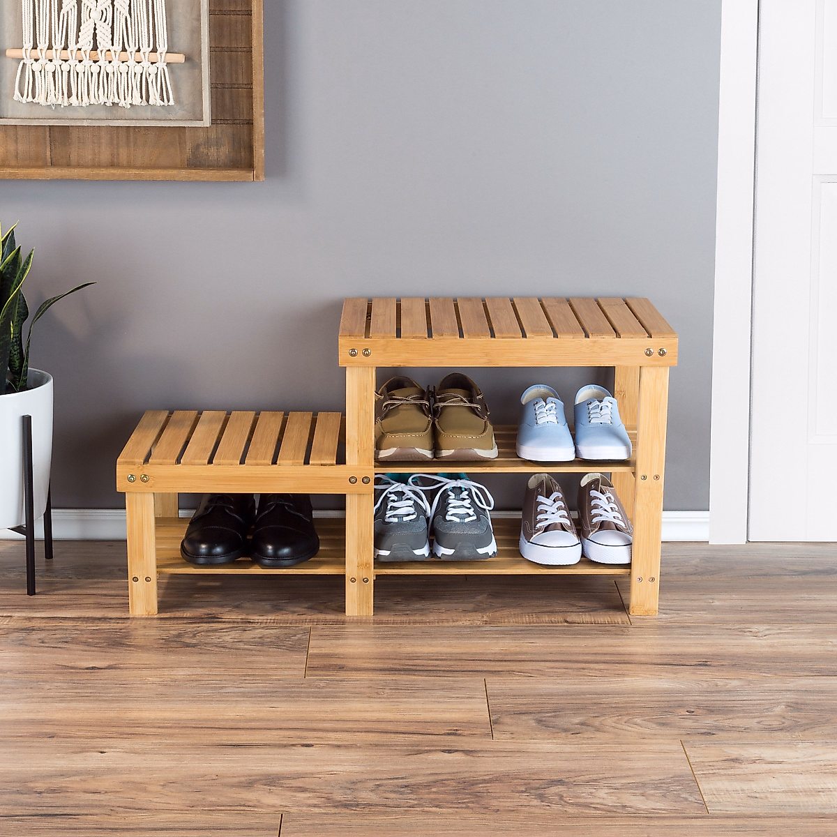 Lavish Home Bamboo Shoe Rack Bench with 2 Tiers of Shelves and 2 Seat Heights-Seat Storage and Organization-For Bedroom, Entryway, Hallway, Closets