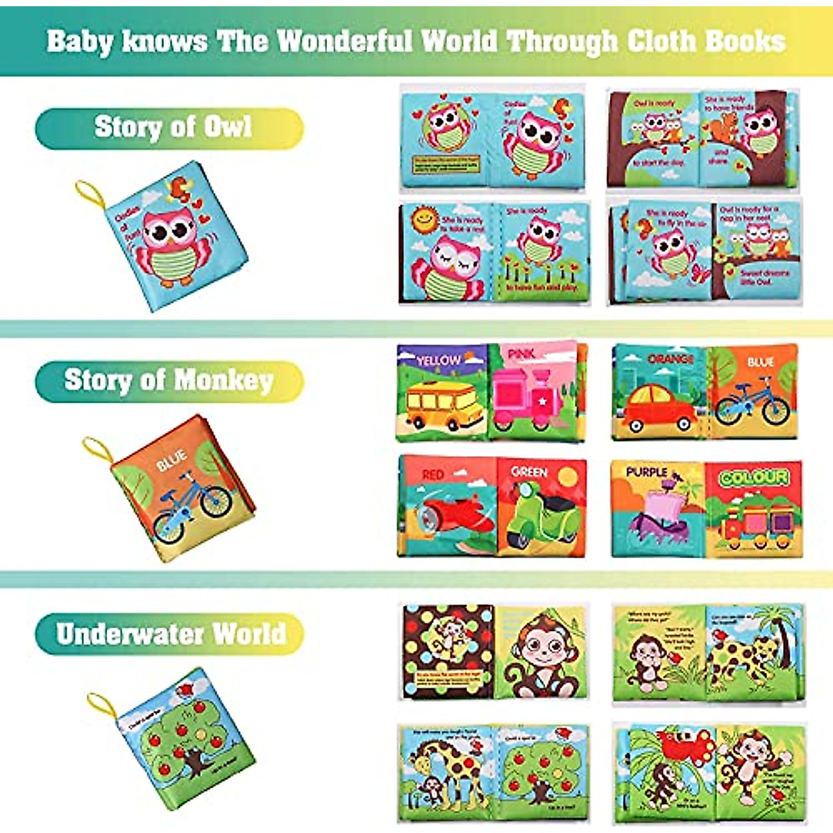 Baby Soft Book Cloth Books, Touch and Feel Books Early Education Toys for Babies, Infant Books Bath Book Christmas Toys Gifts for 0-3 3-6 6-12 12-18 Months 1-2 Year Old Boys Girls (Set of 7)