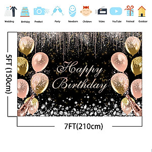 Avezano Rose Gold and Black Birthday Backdrop Glitter Diamond Sprinkles Balloon Bokeh Birthday Photography Background for Girls Women Bday Party Happy Birthday Photobooth Props (Rose Gold, 7x5ft)