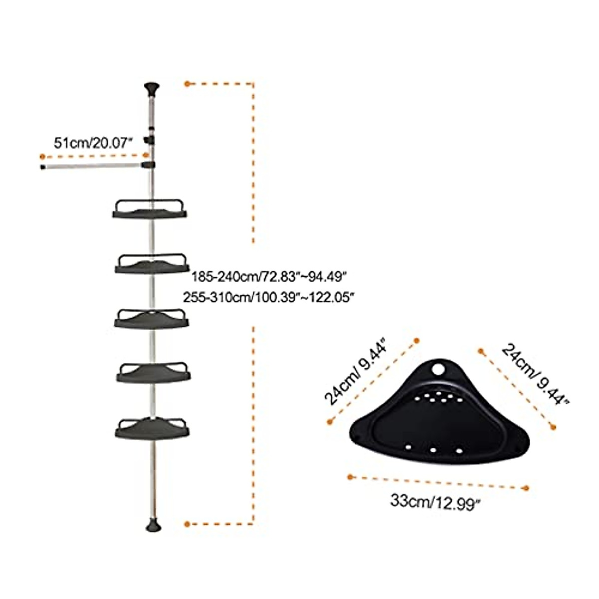 BAOYOUNI 5-Tier Shower Corner Caddy Tension Pole Adjustable Bathroom Shelf Floor to Ceiling Storage Rack Organizer Holder with Towel Bar - No Drilling - Black