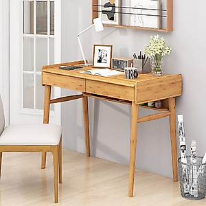 Giantex Computer Desk, 39.5" Bamboo Home Office Desk with 2 Storage Drawers and Open Shelf, Makeup Table Vanity Desk, Modern Writing Desk Computer Workstation for Bedroom, Study, Natural