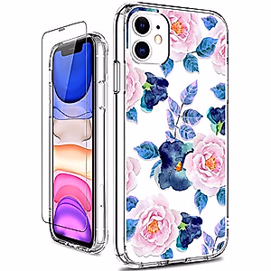 GiiKa iPhone 11 Case with Screen Protector, Clear Heavy Duty Protective Case Floral Girls Women Shockproof Hard PC Back Case with Slim TPU Bumper Cover Phone Case for iPhone 11, Pink Blue Flowers