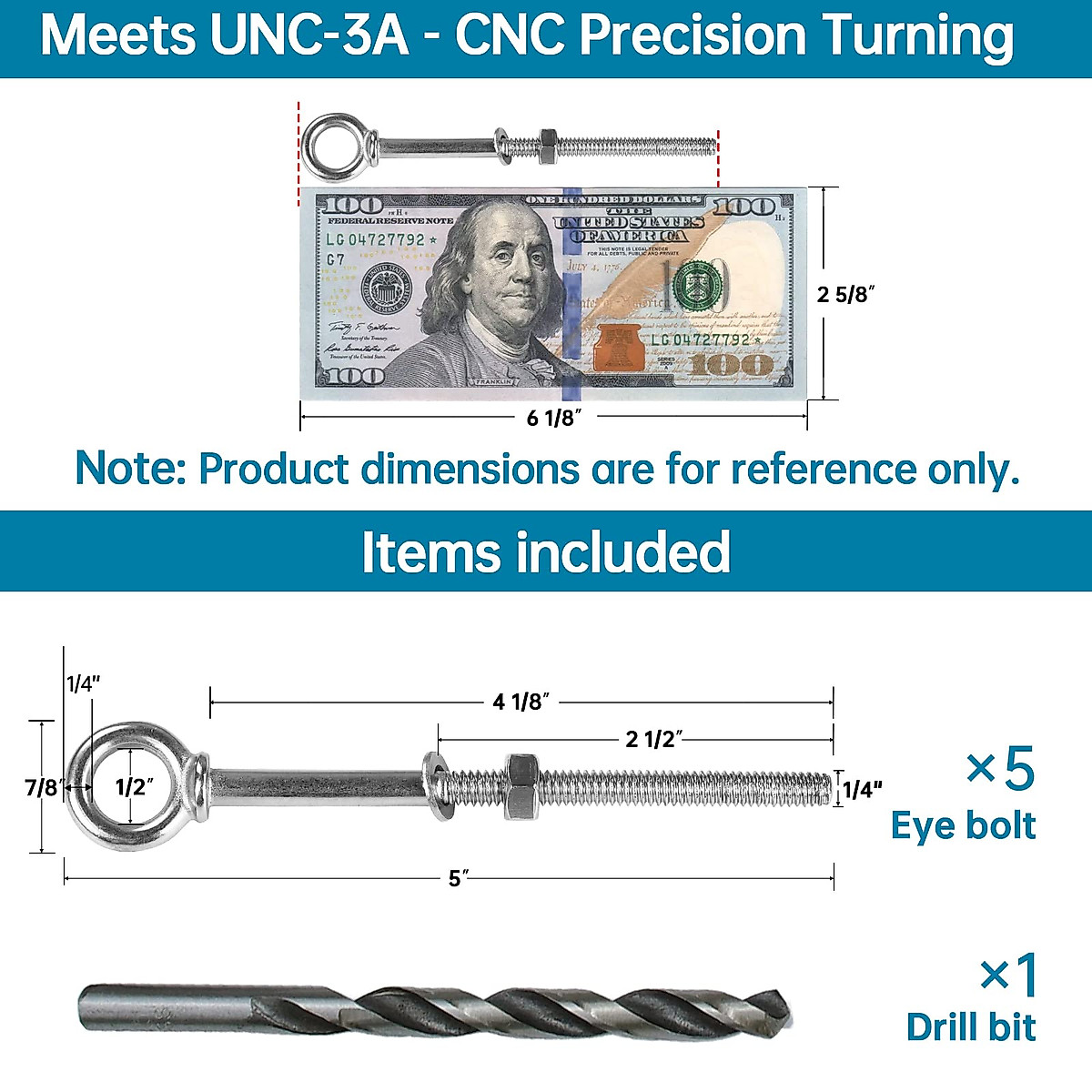 Muzata 5 Pack 1/4" x 5" Eye Bolts with Nuts Washers T316 Stainless Steel Threaded Eyebolts Heavy Duty Shoulder Lifting Ring Marine Grade UNC-3A CR32