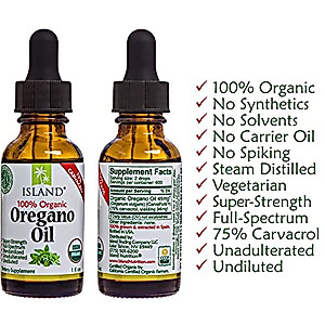 Island Nutrition, Oregano Oil Organic Liquid Drops - 100% Pure & Undiluted - USDA-Certified Organic (1 oz) 75% Carvacrol - Grown in Spain - Immune Support Supplement with Oil of Oregano.