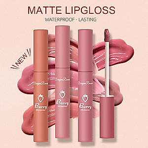 3 PCS Nude Matte Liquid Lipstick Set, Natural Matte Velvet Lip Tint Smooth Crayon Lip Stain, Moisturizing Lip Gloss Long-Lasting Waterproof Non-stick Cup Not Fade Matte Lipstick for Women & Girls (C)