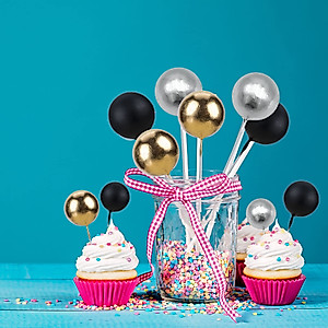 Gyufise 30Pcs Ball Cake Toppers Ball Cake Picks Ball Shaped Cupcake Insert Cake Topper for Bear Theme Birthday Party Favors Wedding Decoration Supplies Black Gold Silver
