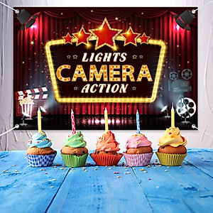 HAMIGAR 6x4ft Lights Camera Action Banner Backdrop - Movie Night Theater Birthday Decorations Party Supplies - Red