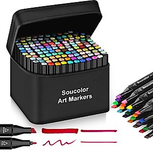 Soucolor 131 Colors Alcohol Based Markers Set, Professional Permanent Alcohol Coloring Markers, Dual Tip Art Drawing Sketch Markers Pens for Adult Kids Artist Coloring Sketching and Underlining