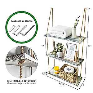 ASLINY Combo 3 Tiers Hanging Shelf and 2 Pcs Rope Shelves, Rustic White