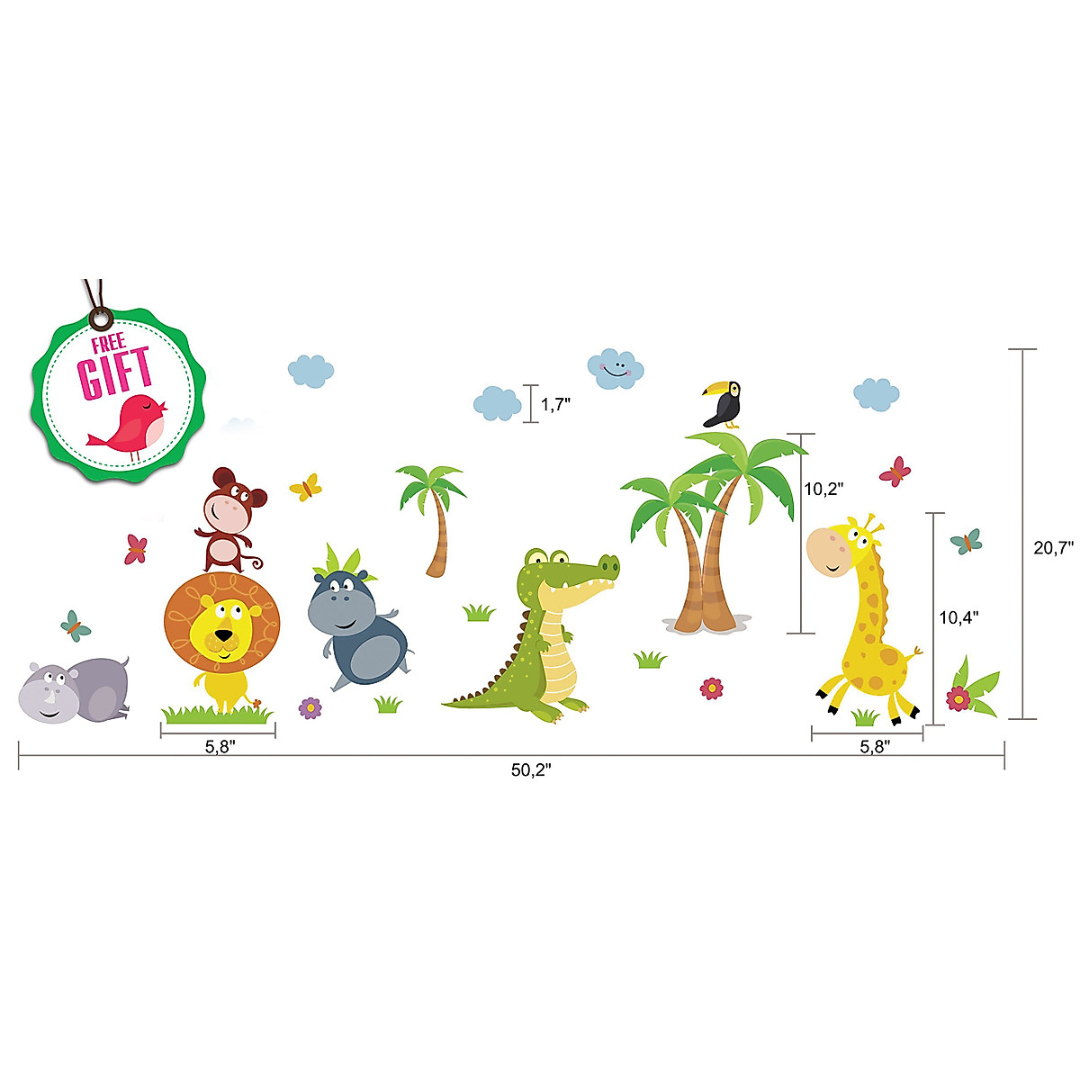 Animal Safari Jungle Vinyl Wall Decal for Kids Bedroom playroom - Decorative Art Stickers for Baby Girl Boy Wall Decor - Nursery Wall Stickers [24 Art clings] - Wall Decals for Boy - with Gift!