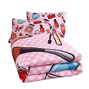 Aimuan Fashion Girl Comforter Sets Cosmetic Perfume Bag Lipstick Diva Pink Quilt Set Nail Polish Pattern Decorative Quilted 3 Pcs Makeup Bedding Set with 2 Pillowcases (Pink, Twin)