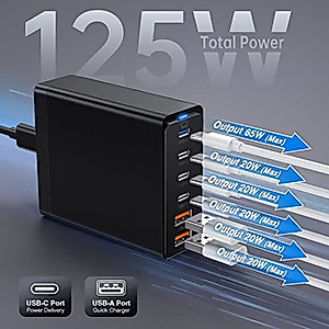 USB C Charger, 125W GaN 6 Port USB C Laptop Wall Charger Block Adapter, 65W Super Fast Type C Charging Station Hub for MacBook Pro/Air, iPad, iPhone 14 13 12 Pro Max, Samsung Galaxy Note, Steam Deck