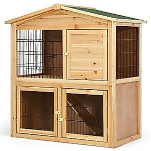PETSITE 2 Story Rabbit Hutch Indoor Outdoor, Wooden Bunny Cage Pet House for Small Animals