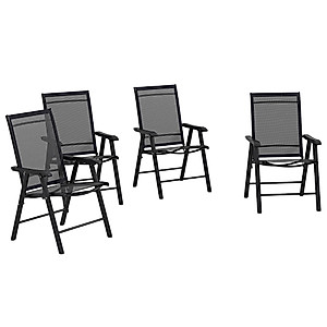 Outsunny Set of 4 Patio Folding Chairs, Stackable Outdoor Sling Patio Dining Chairs with Armrests for Lawn, Camping, Dining, Beach, Metal Frame, No Assembly, Black