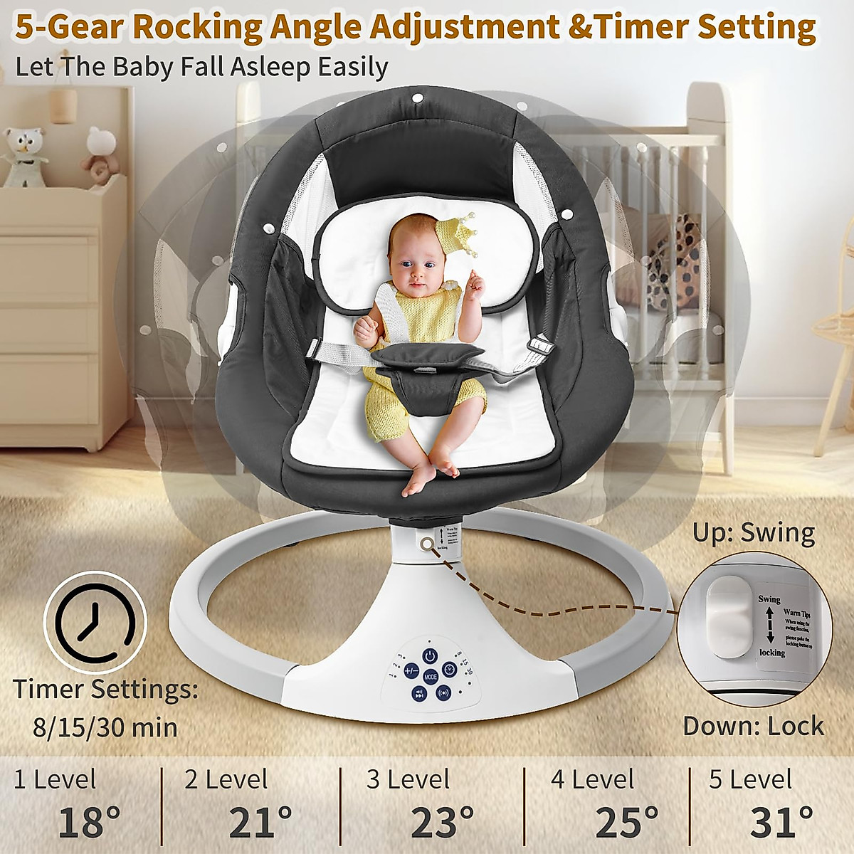 Baby Swings for Infants, Portable Baby Swing, Bluetooth Infant Swing with Intelligent Auto-Sensing,3 Seat Positions and 5 Speeds, Electric Infant Swings for Newborns Include 5 Point Harness Belt