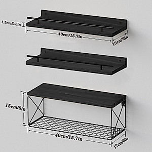 Hoiicco Bathroom Shelves with Metal Guardrail, Wood Floating Shelves Over Toilet with Wire Storage Basket, Floating Wall Shelves for Bedroom, Living Room, Kitchen and Bathroom-Black