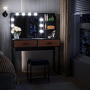 Semiocthome Vanity Desk with Mirror and 10 LED Lights, 39.4"W Makeup Desk with 2 Big Drawers and Side Shelves for Storage, Girl's Dressing Table with Metal Frame, Corner Makeup Table with Chair- Brown