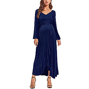 OUGES Womens Wrap Maxi Nursing Maternity Dresses for Photoshoot Baby Shower(Navy,L)