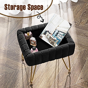 Greenstell Vanity Stool Chair Faux Fur with Storage, 15.7"L x 11.8"W x 19.4"H Soft Ottoman 4 Metal Legs with Anti-Slip Feet, Furry Padded Seat, Modern Multifunctional Chairs for Makeup, Bedroom Black