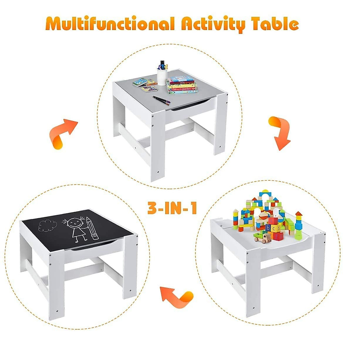 Fireflowery, 3-in-1 Wooden Activity w/Storage Drawer & Detachable Blackboard, 3-Piece Square Children Art Desk, Toddler Table&Chairs Kids Table and Chair Set, Large, Grey