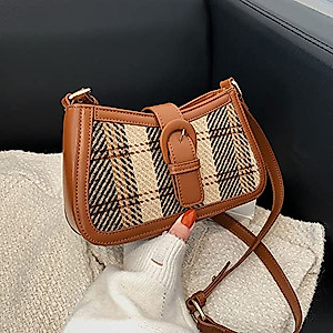 RTGGSEL Retro Women's Contrast Color Plaid Striped Saddle Crossbody Shoulder Handbags Underarm Satchel Tote Clutch Purse Hobo Bag (Brown)