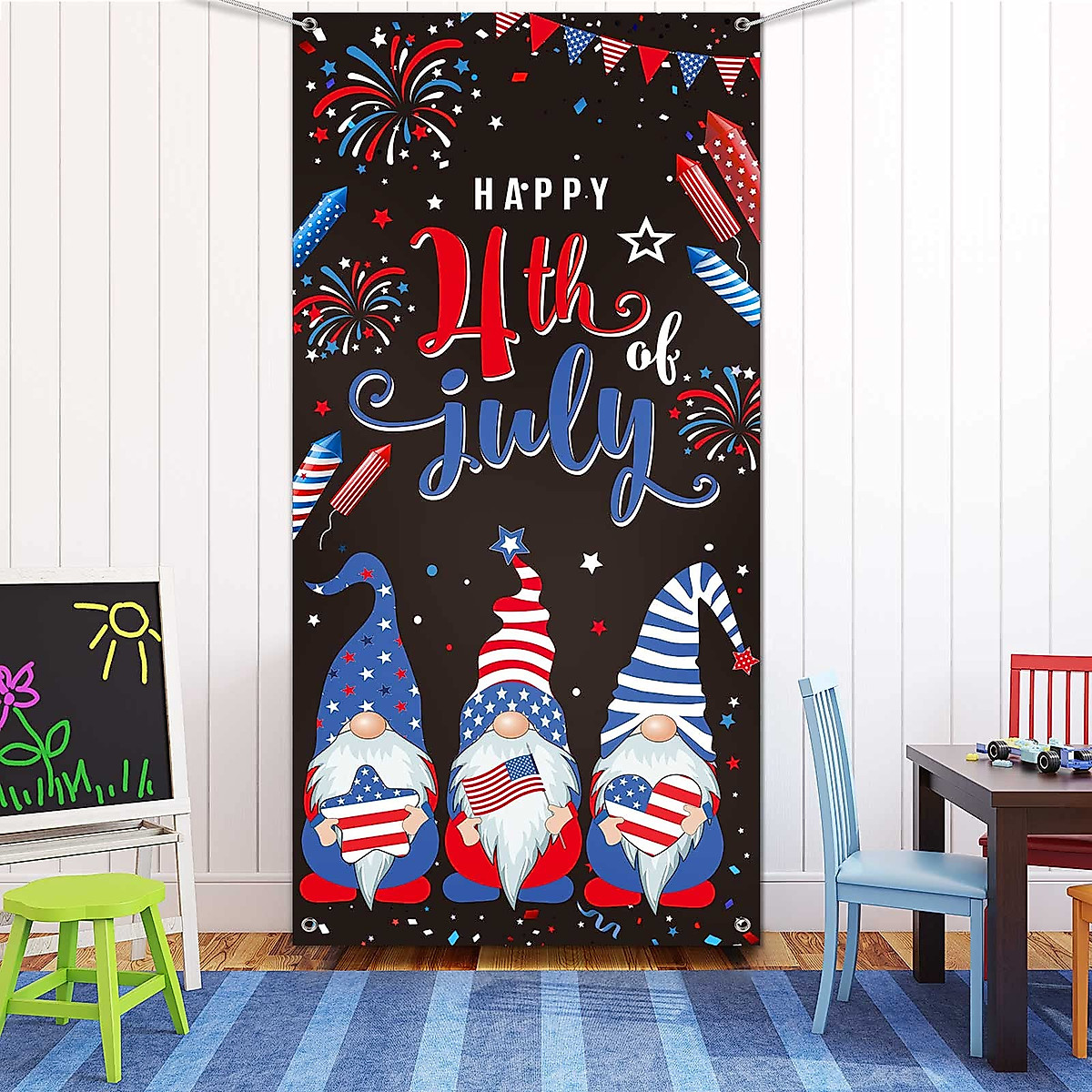 4th of July Banner Patriotic Decoration Independence Day Door Banner 4th of July Gnomes Door Cover America Strip Star Memorial Day Sign for Indoor Outdoor Party Supplies 71 x 35 Inches