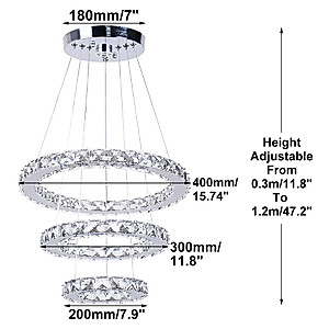 Dixun LED Chandeliers Modern Ceiling Light Fixture 3 Rings Adjustable Stainless Steel Pendant Light Chandelier for Bedrooms Living Room (Cool White)