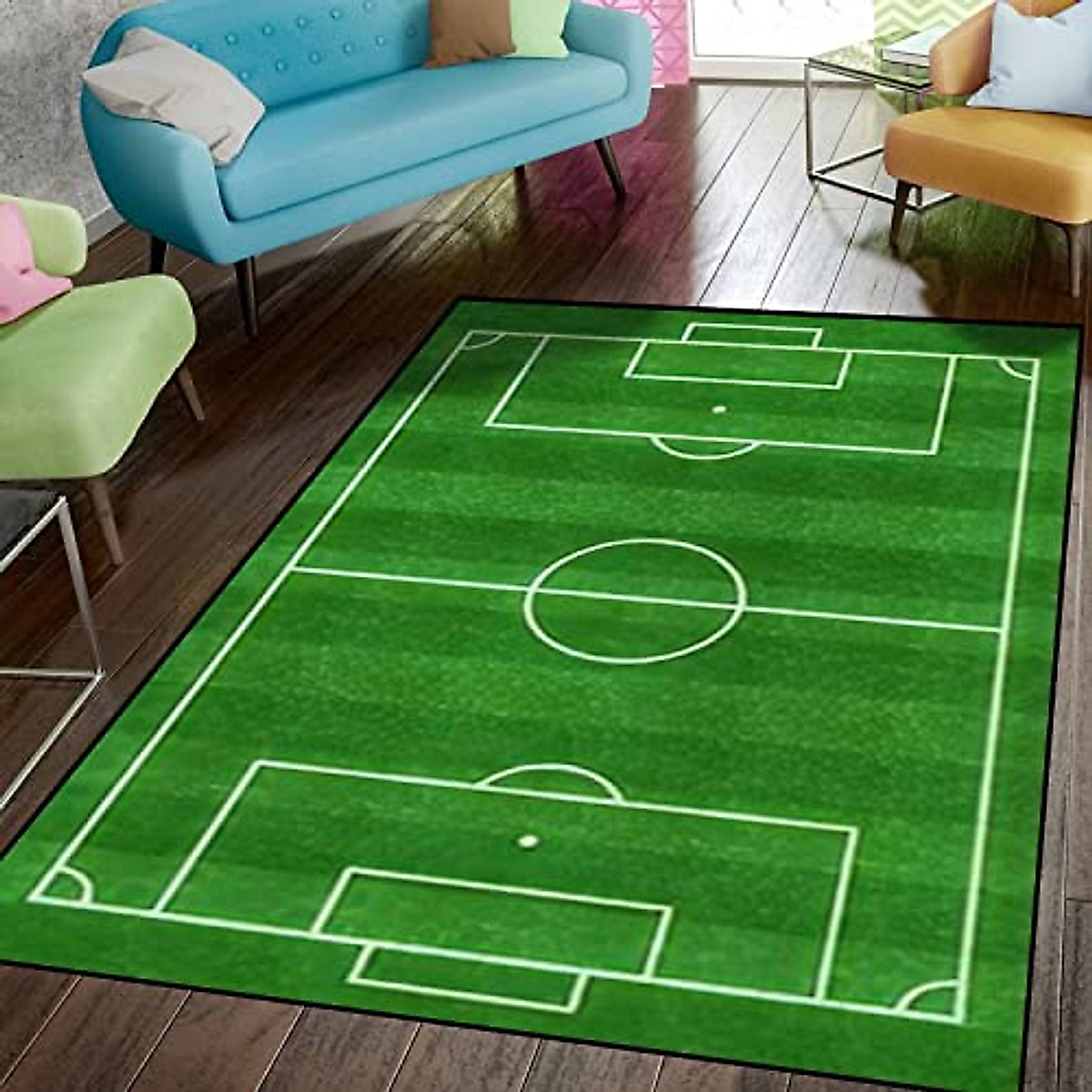 CAWIADFWJO Area Rug Soccer Field Football Stadium Green Grass Painted line Sport Play Non-Slip Soft Carpet Floor Mat Indoor Outdoor Runner Rugs Yoga Mat Home Decor for Living Room Bedroom, 47''x63''