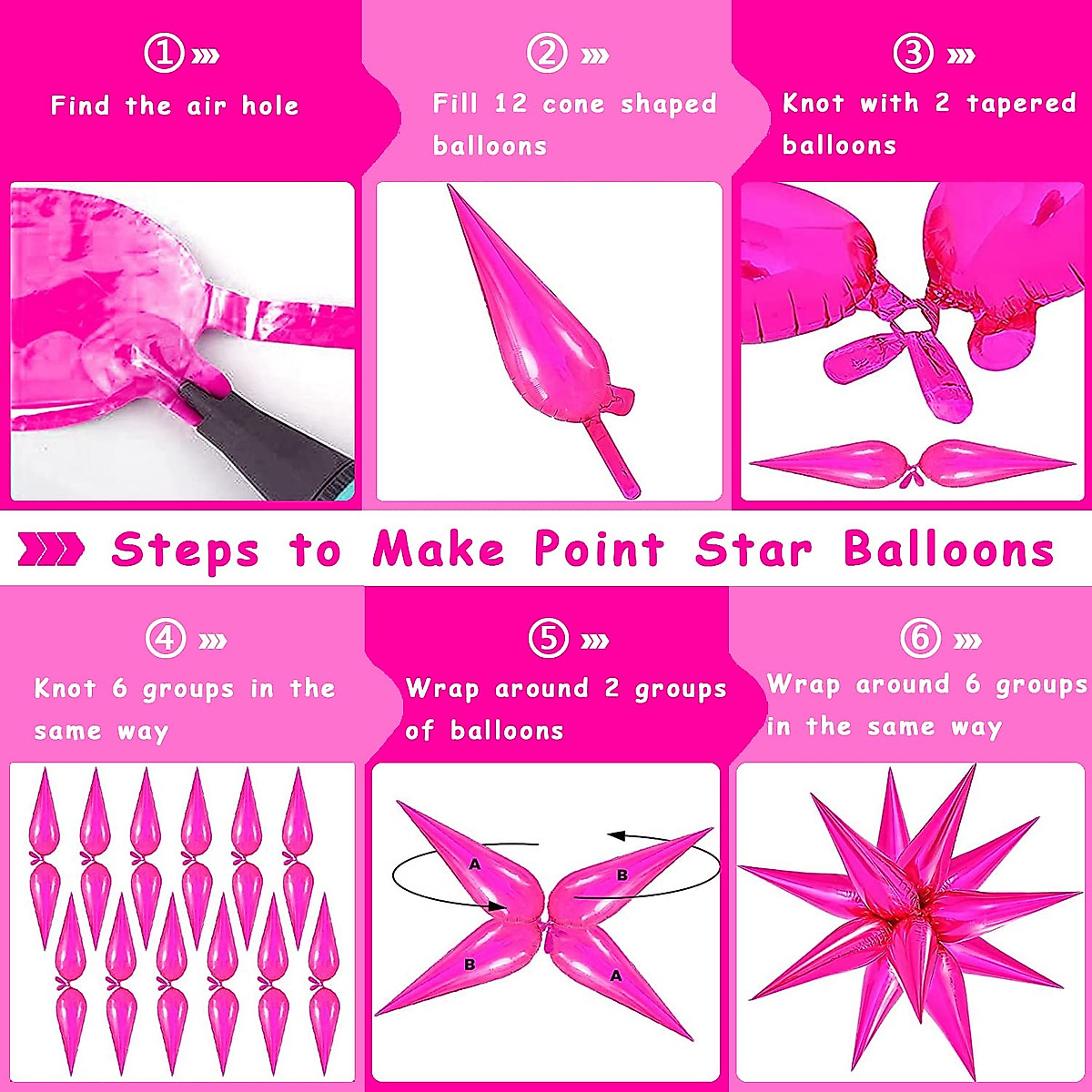 FUNTOOB Hot Pink Balloons Star Balloons Metallic Star Foil Balloons Hot Pink Star Cone Balloons Starburst Balloon Spike Balloons for Birthday Graduation Business Event Christmas Decorations (50Pcs)