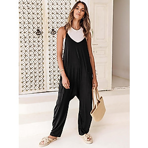 ANRABESS Jumpsuits for Women Casual Summer Overalls Sleeveless Spaghetti Strap Romper Jumpers Trendy Beach Vacation Outfits Black Large