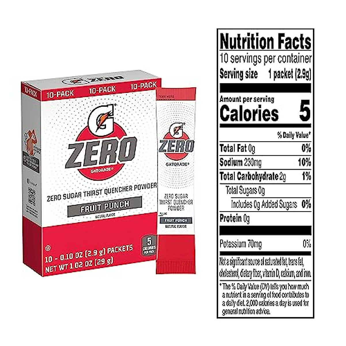 Gatorade Zero Powder Packets, Fruit Punch, 0.10oz Sugar free Gatorade Powder Packets (Pack of 10)