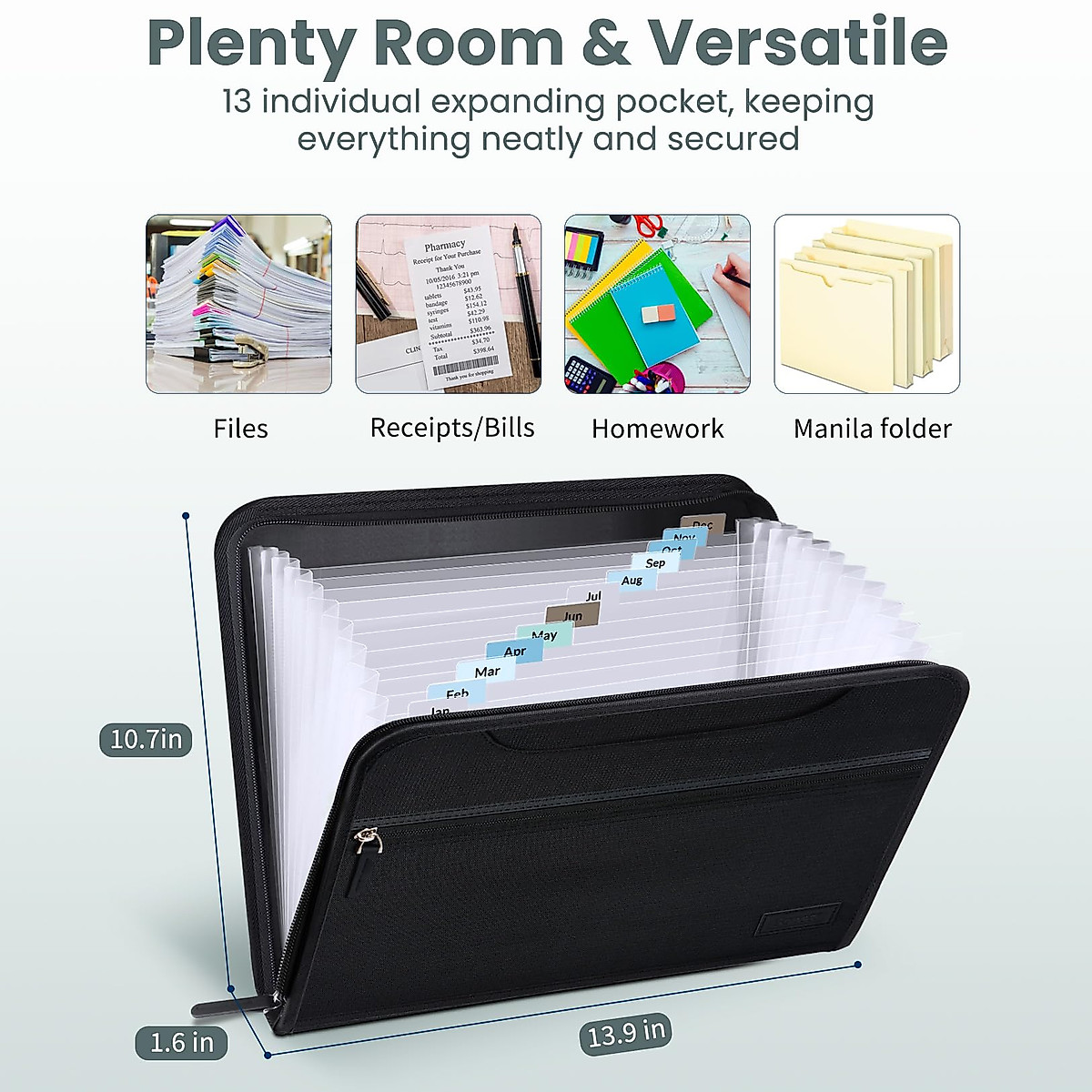 Sooez Heavy Duty Accordian File Organizer with Hidden Handle, 13 Pocket Expanding File Folder with Zipper & Labels, Portable Cloth Document Organizer Accordion File Keeper for Letter Size / A4 Paper