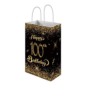 Happy 100th Birthday Gift Bags With Handle, 12-Pack Gold And Black 100 Years Party Favor Bags for Guests, Paper Treat Bag, Present Wrap, Decorations