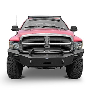 Hooke Road 03-05 Ram Full Width Front Bumper w/Winch Plate & LED Spotlights for 2003 2004 2005 Dodge Ram 2500 3500 Truck (Excluding Diesel Models), Solid Steel Offroad Bumper